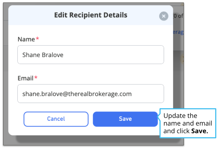 How do I edit the name or email address on Sent Document – Real