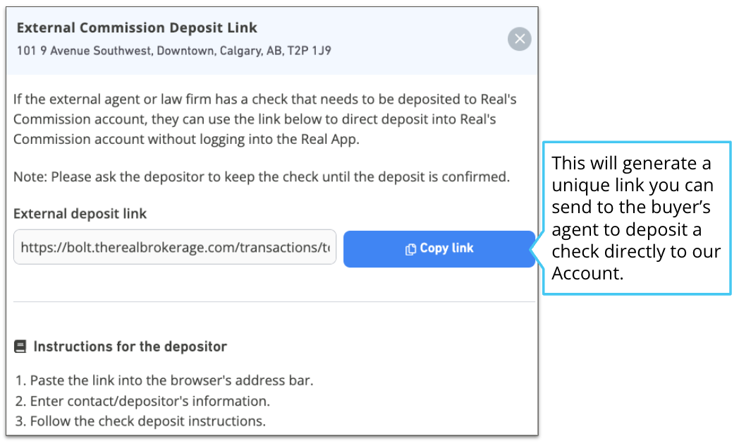 How to deposit a commission cheque with an external deposit link – Real