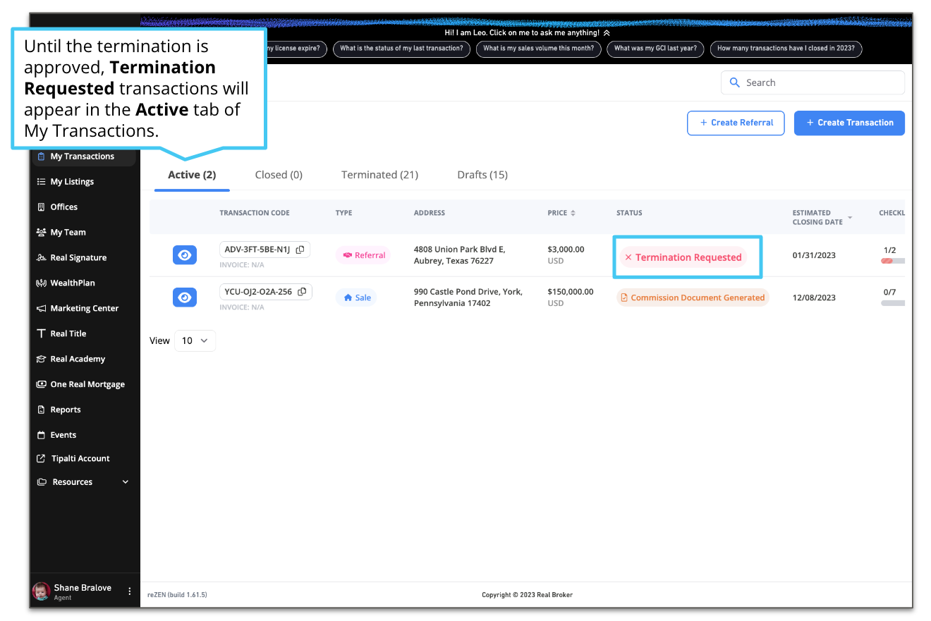Why does my terminated transaction appear in my Active Transactions? – Real