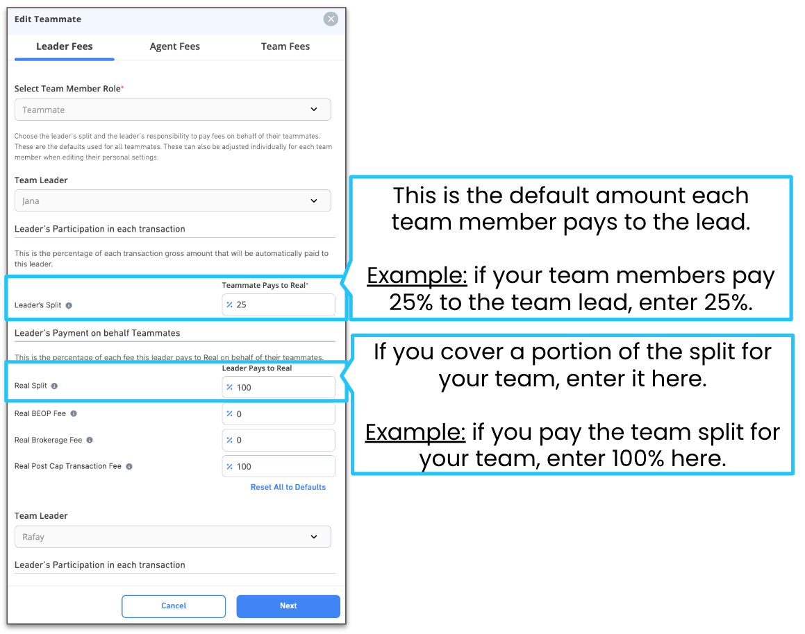 ProTeams: How to Adjust the Default Real Split Paid by Team Leader – Real